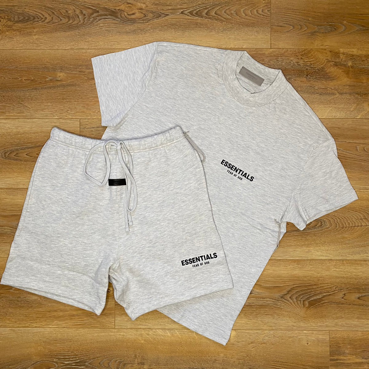 Fear of God ESSENTIALS - Light Heather Oatmeal Full Short Set (SS22 ...